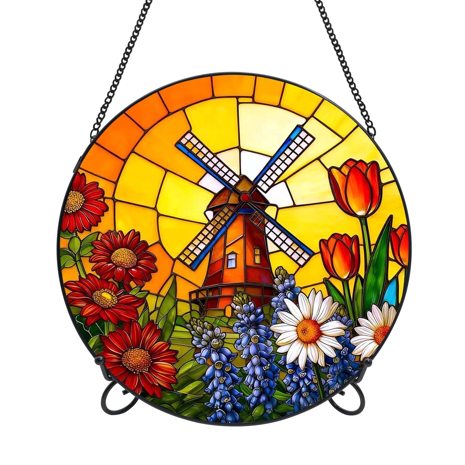 Suncatcher Stained Glass Window Hanging - Orange Windmill Colored Glass ...