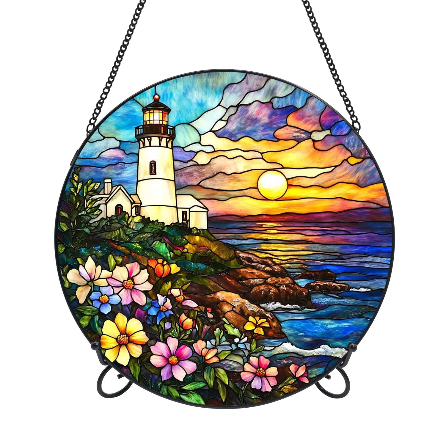 Suncatcher Stained Glass Window Hanging - Seaside Flowers Lighthouse ...