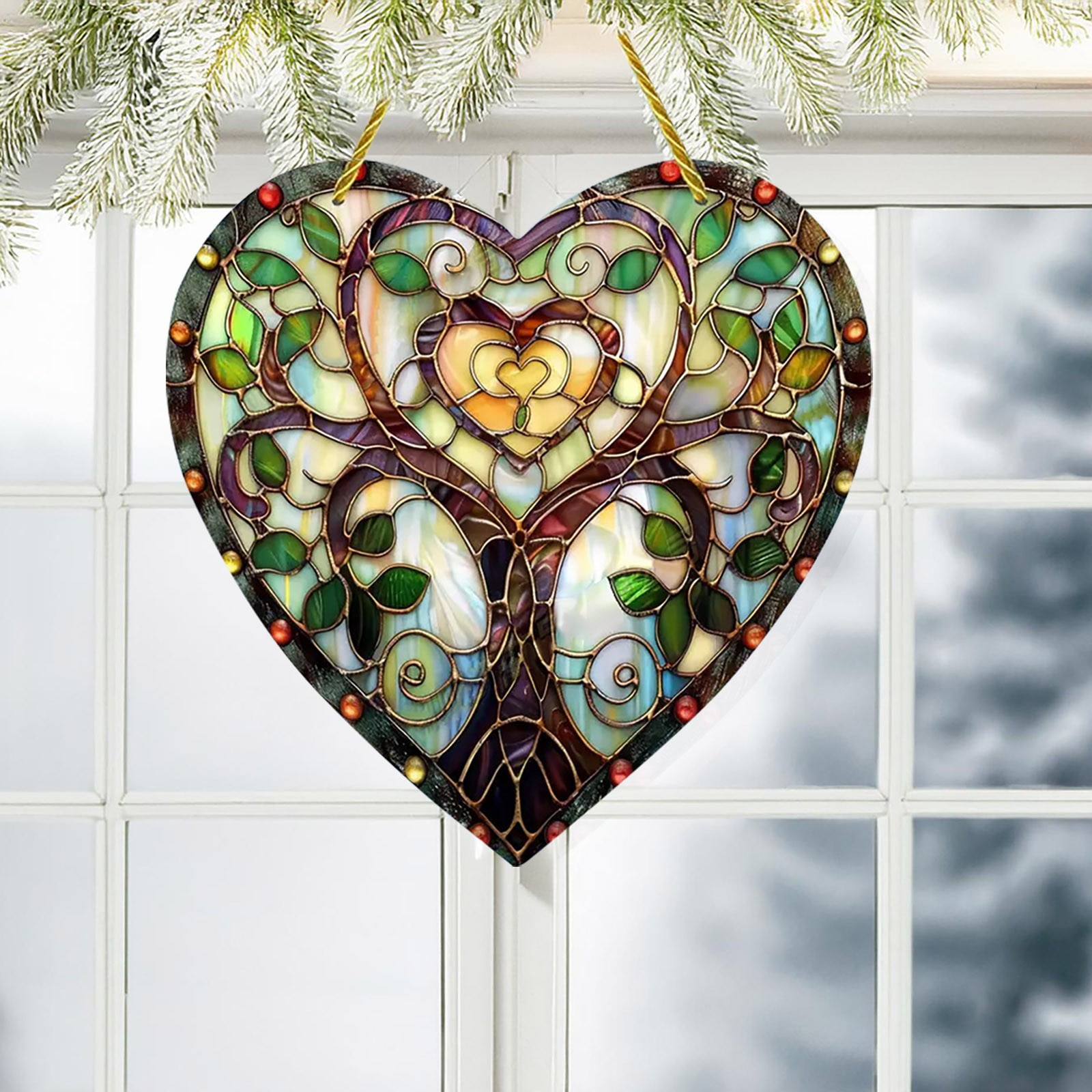 Suncatcher Window Hanging Tree of Life Heart Shaped Crystal Stained ...