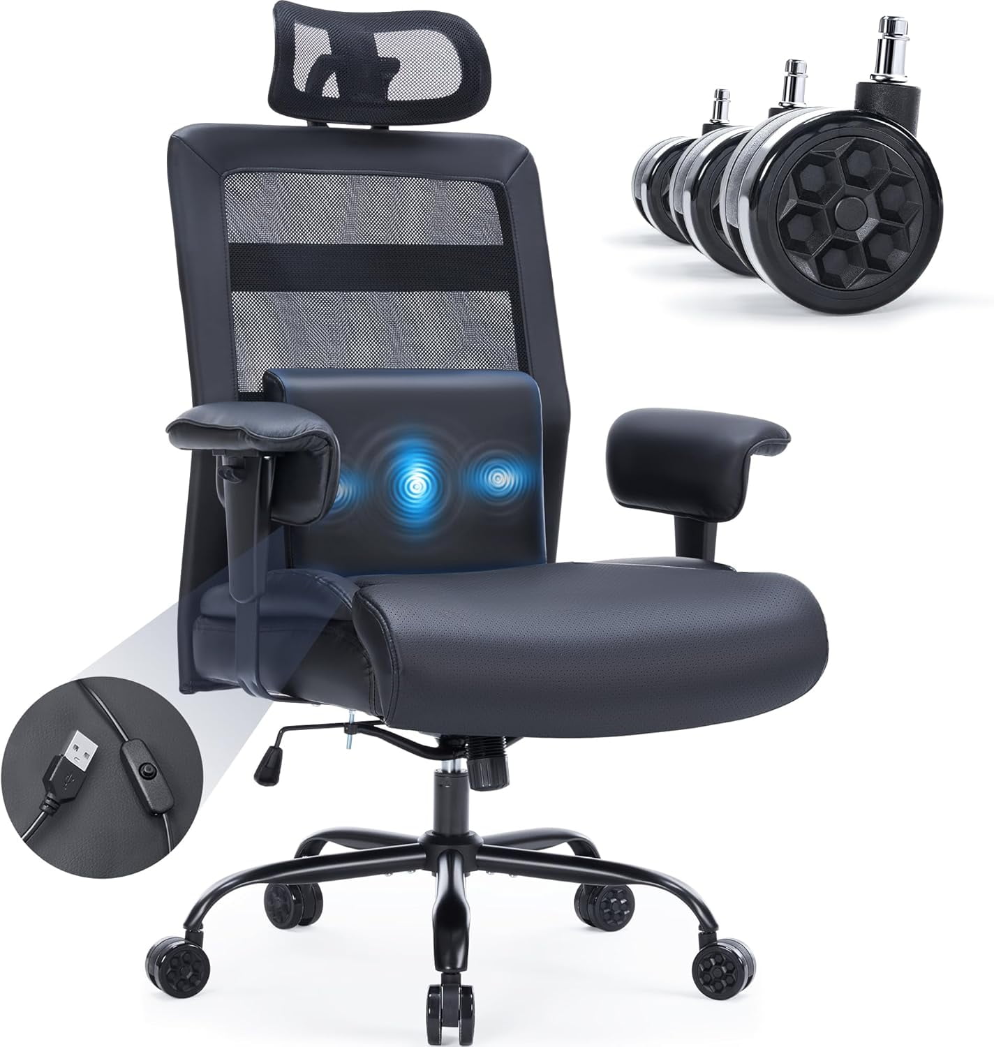 Sunchen Massage Big and Tall Office Chair 500lbs, Desk Chair with Extra ...