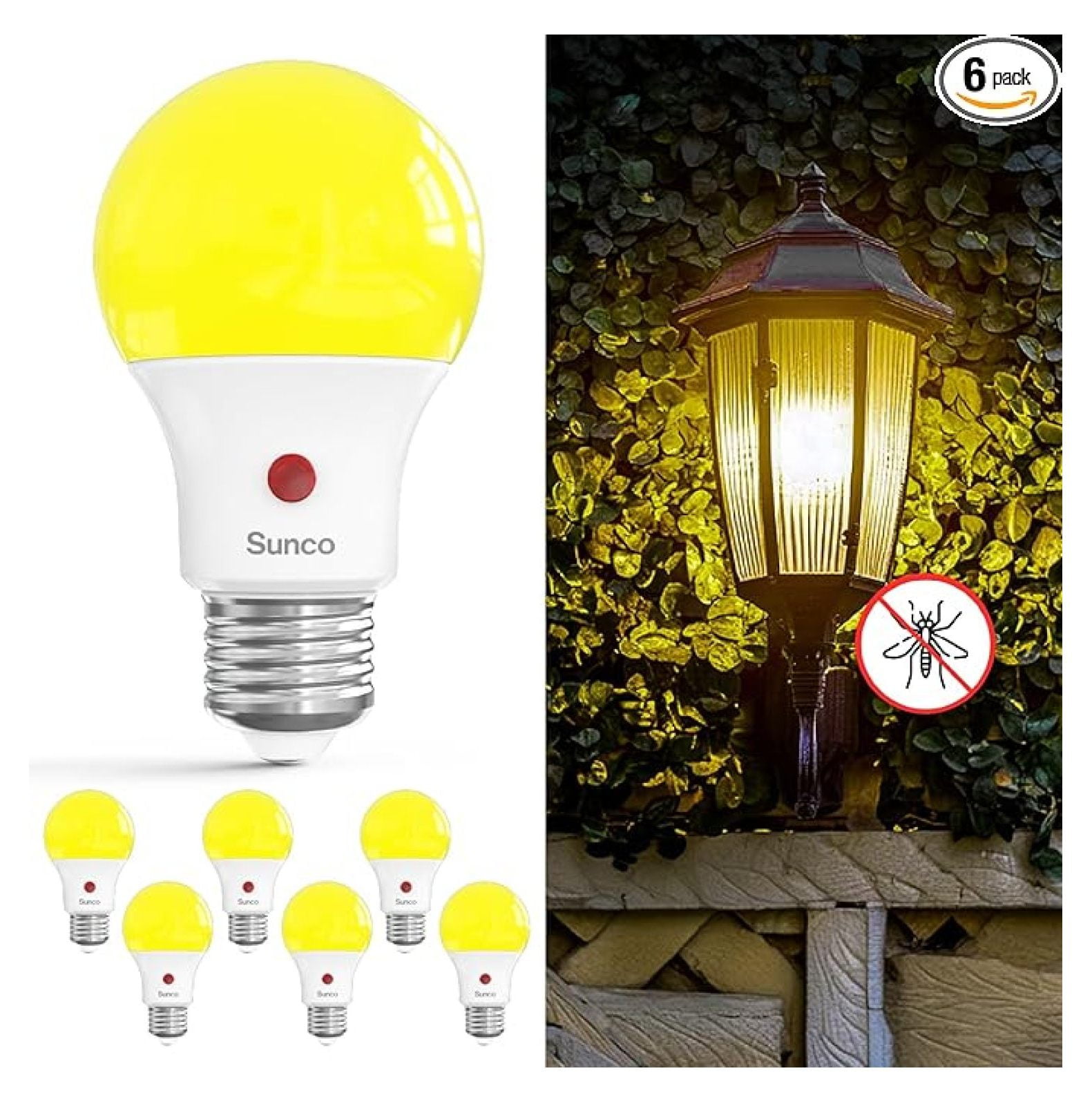 Sunco 6 Pack Yellow Light Bulbs Outdoor A19, LED Bug Lights for Outside ...