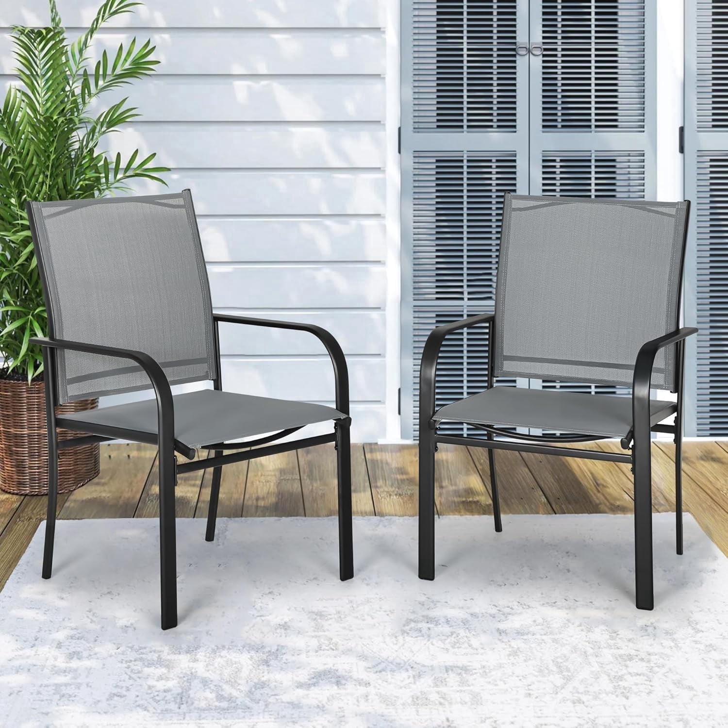 Suncrown Outdoor Dining Chairs, Set of 2, Grey, Metal Frame, Breathable ...