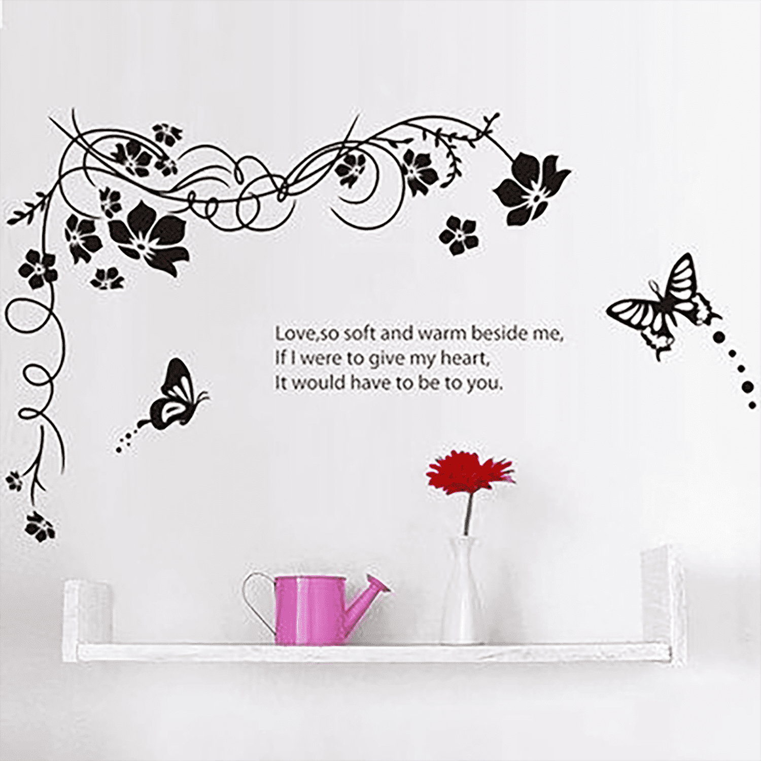 Sunday Black Flower Butterfly PVC Vinyl Mural Decal Wall Sticker for ...