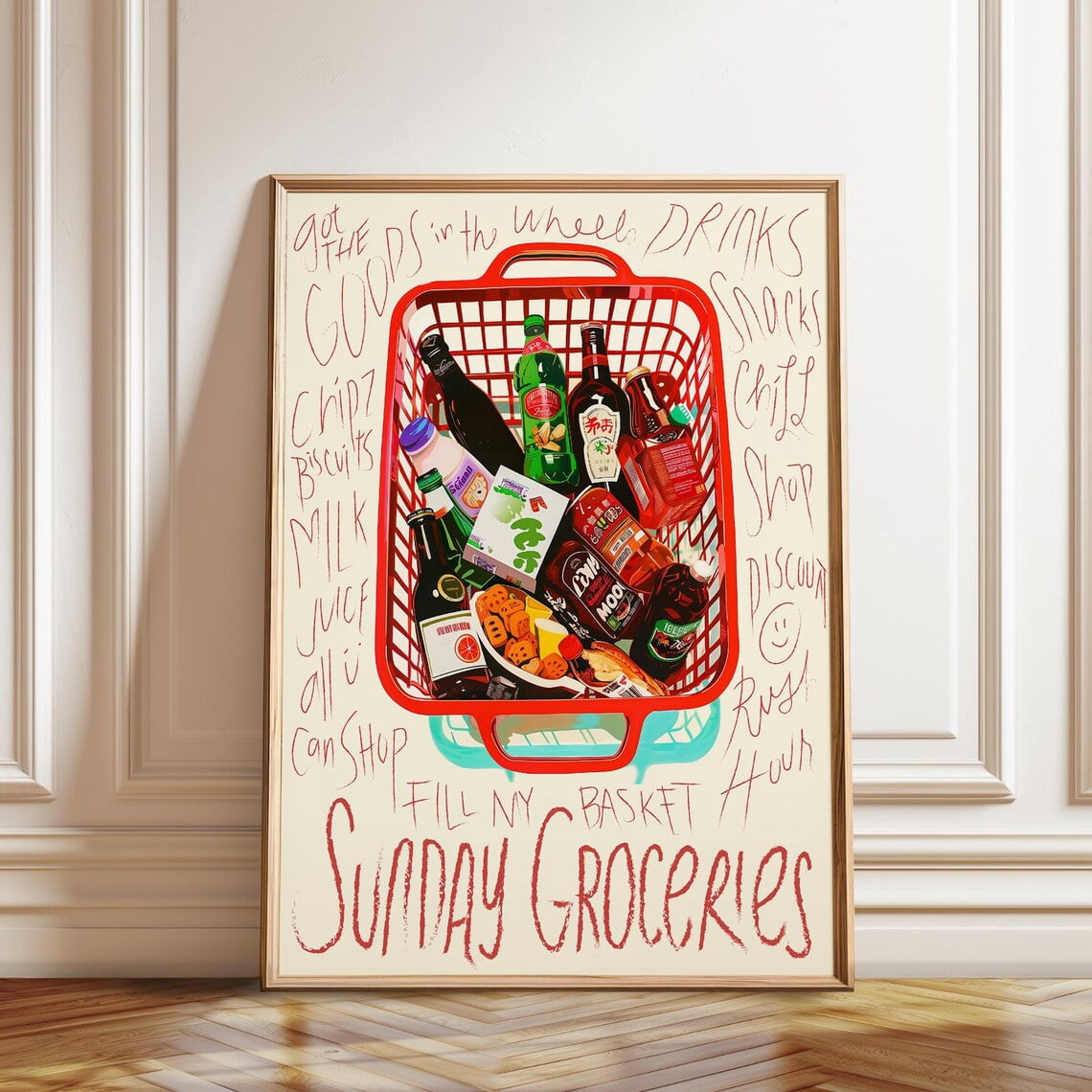 Sunday Groceries Print – Red Shopping Basket Poster – Pop Grocery ...