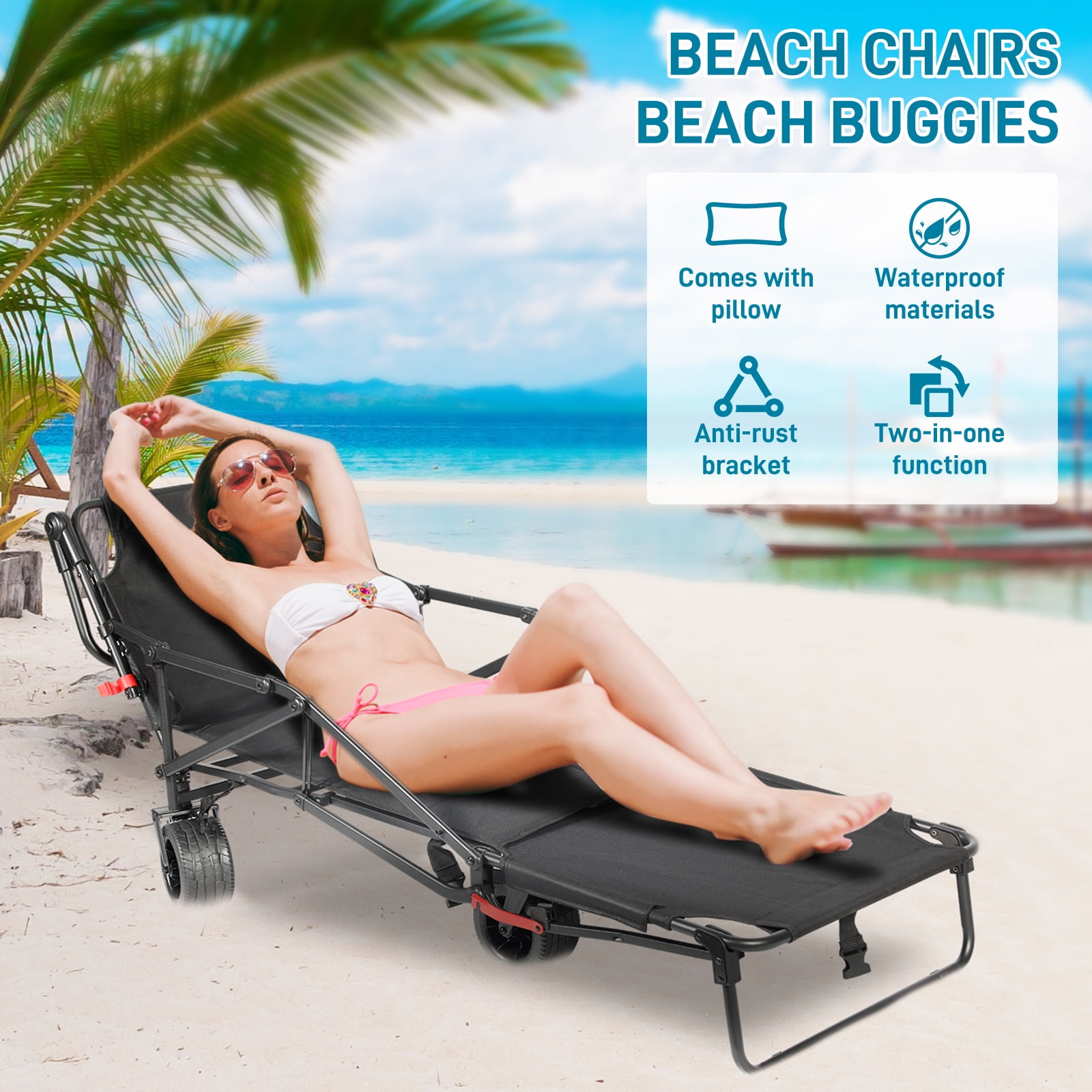 Sunderwell 2-in-1 Beach Chair with Wheels, Folding Tanning Lounger, Heavy Duty Beach Cart Chair ...