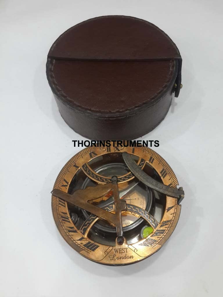 Sundial Compass - Solid Brass Dia 4.5 Inches With Leather Case Free ...