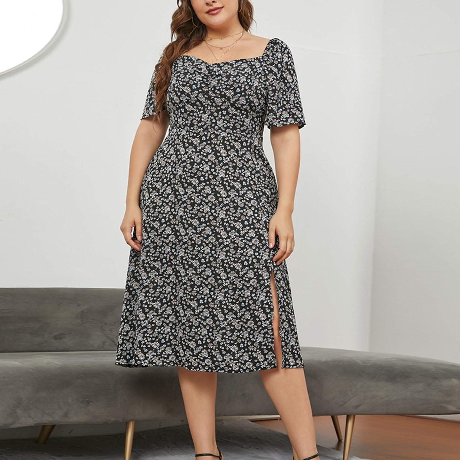 Sundress for Women Solid Solor V-Neck Waist in Short Sleeve Knit ...