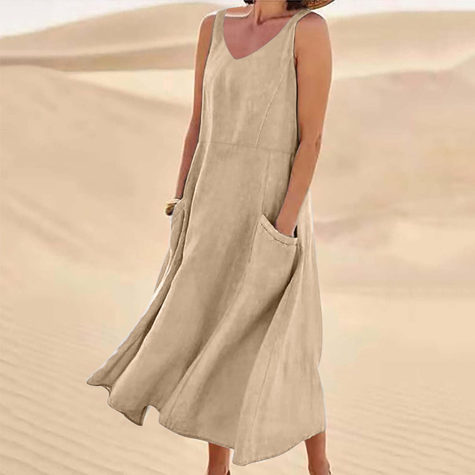 Sundresses for Juniors,Sriper Cotton Linen Midi Long Dress,V Neck Short ...