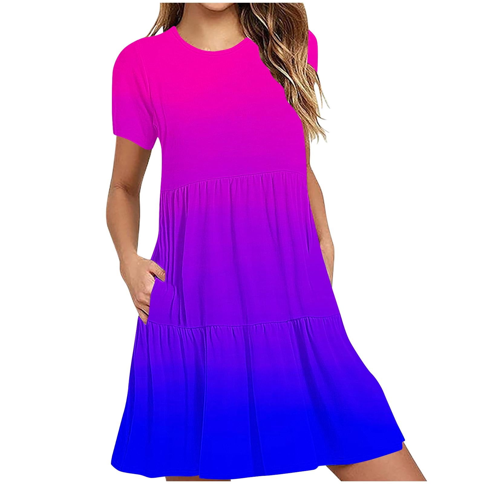 Sundresses for Women 2025 Crew Neck Short Sleeve Sun-Dress A-Line Midi ...