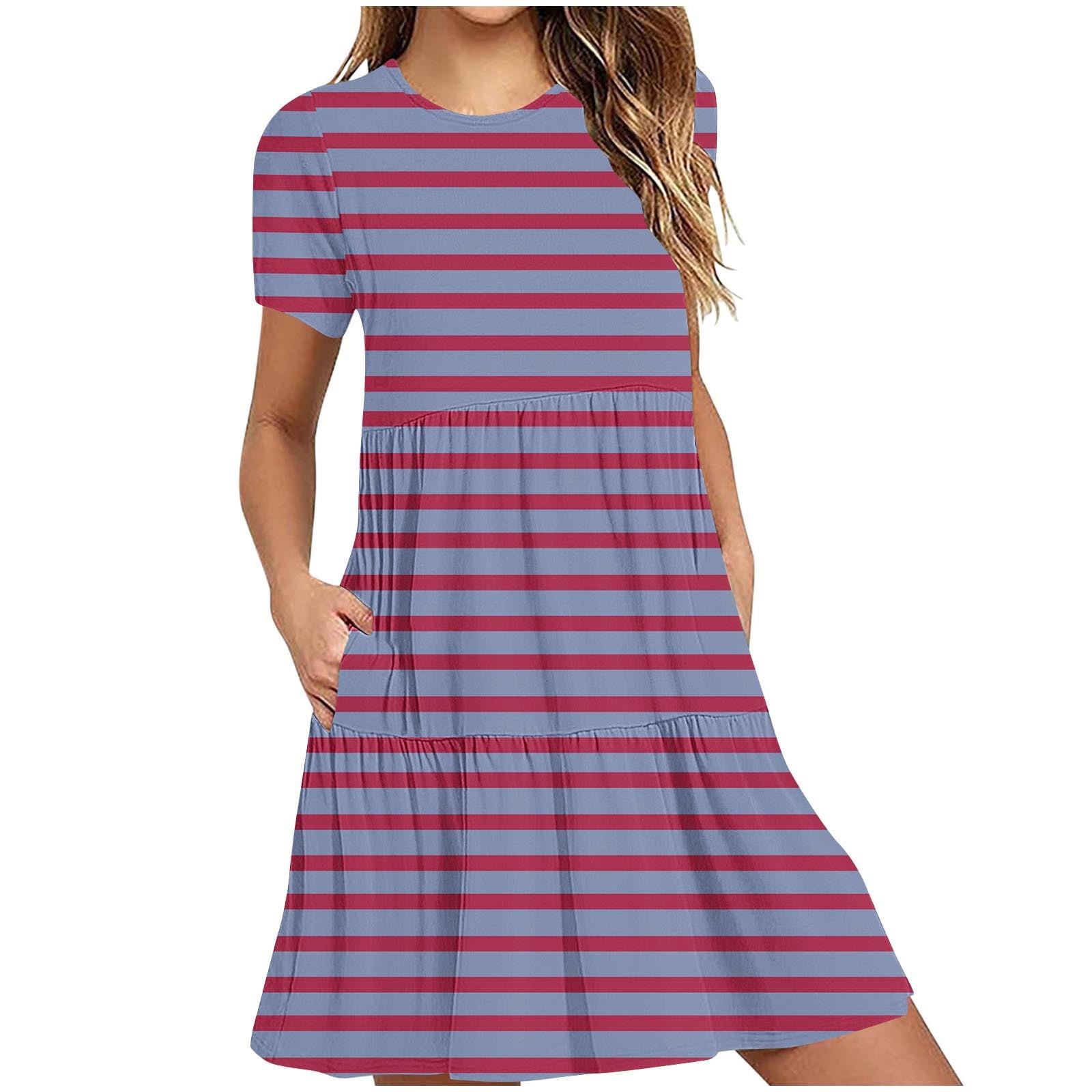 Sundresses for Women 2025 Crew Neck Short Sleeve Sun-Dress A-Line Midi ...