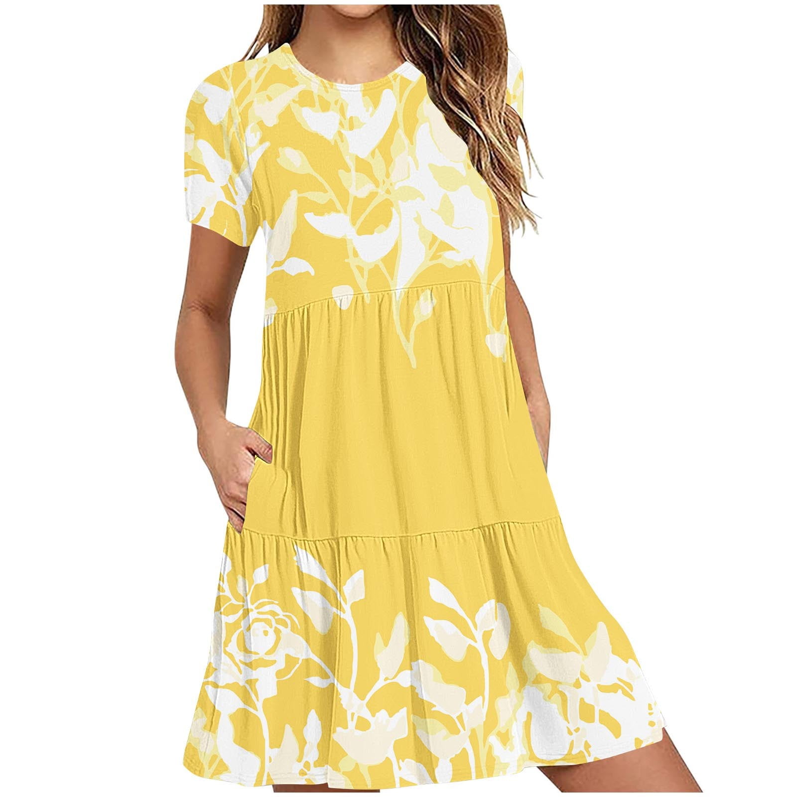 Sundresses for Women 2025 Crew Neck Short Sleeve Sun-Dress A-Line Midi ...