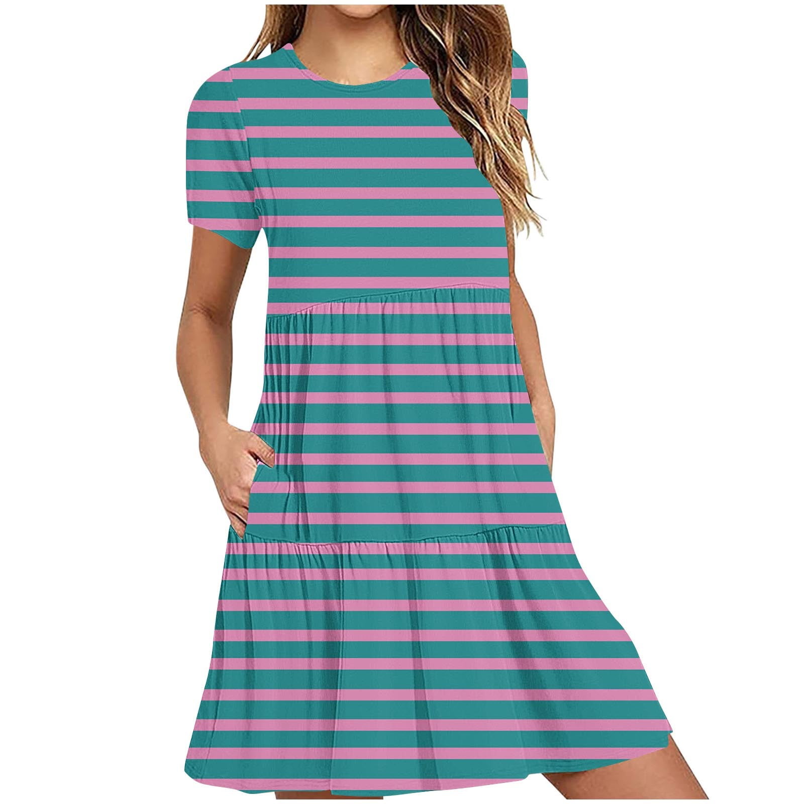 Sundresses for Women 2025 Crew Neck Short Sleeve Sun-Dress A-Line Midi ...