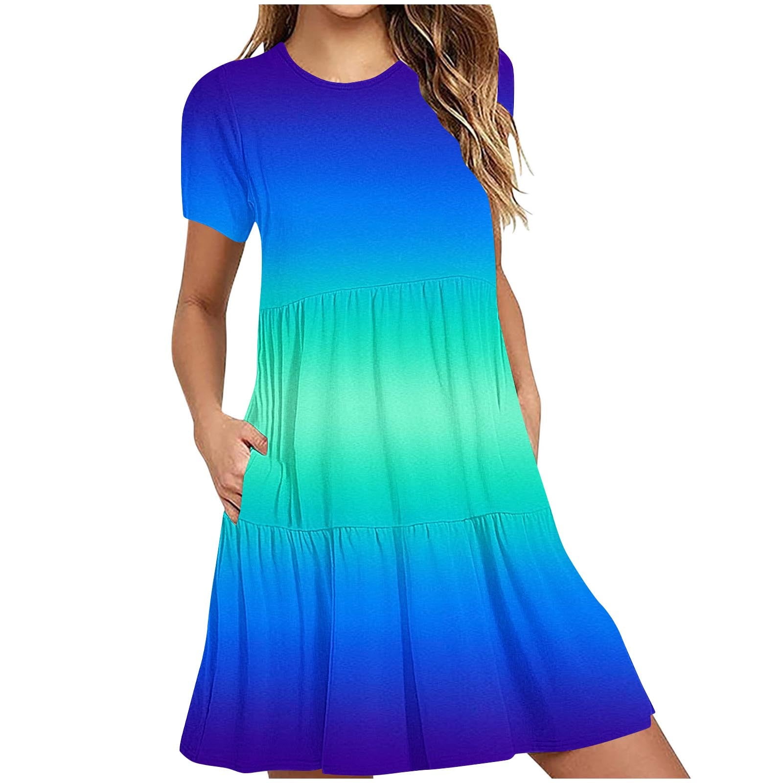 Sundresses for Women 2025 Crew Neck Short Sleeve Sun-Dress A-Line Midi ...