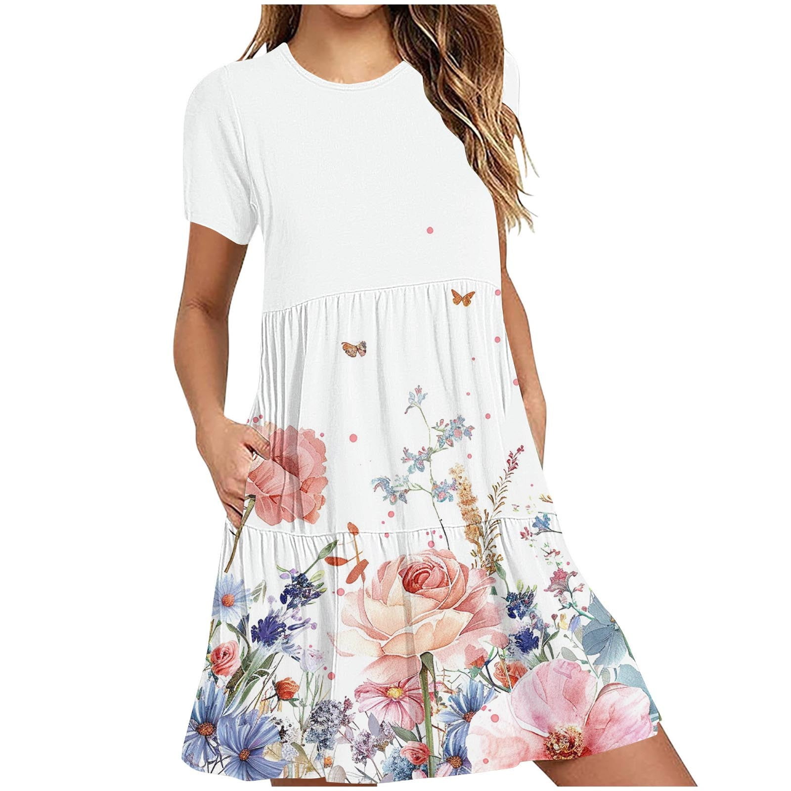 Sundresses for Women 2025 Crew Neck Short Sleeve Sun-Dress A-Line Midi ...