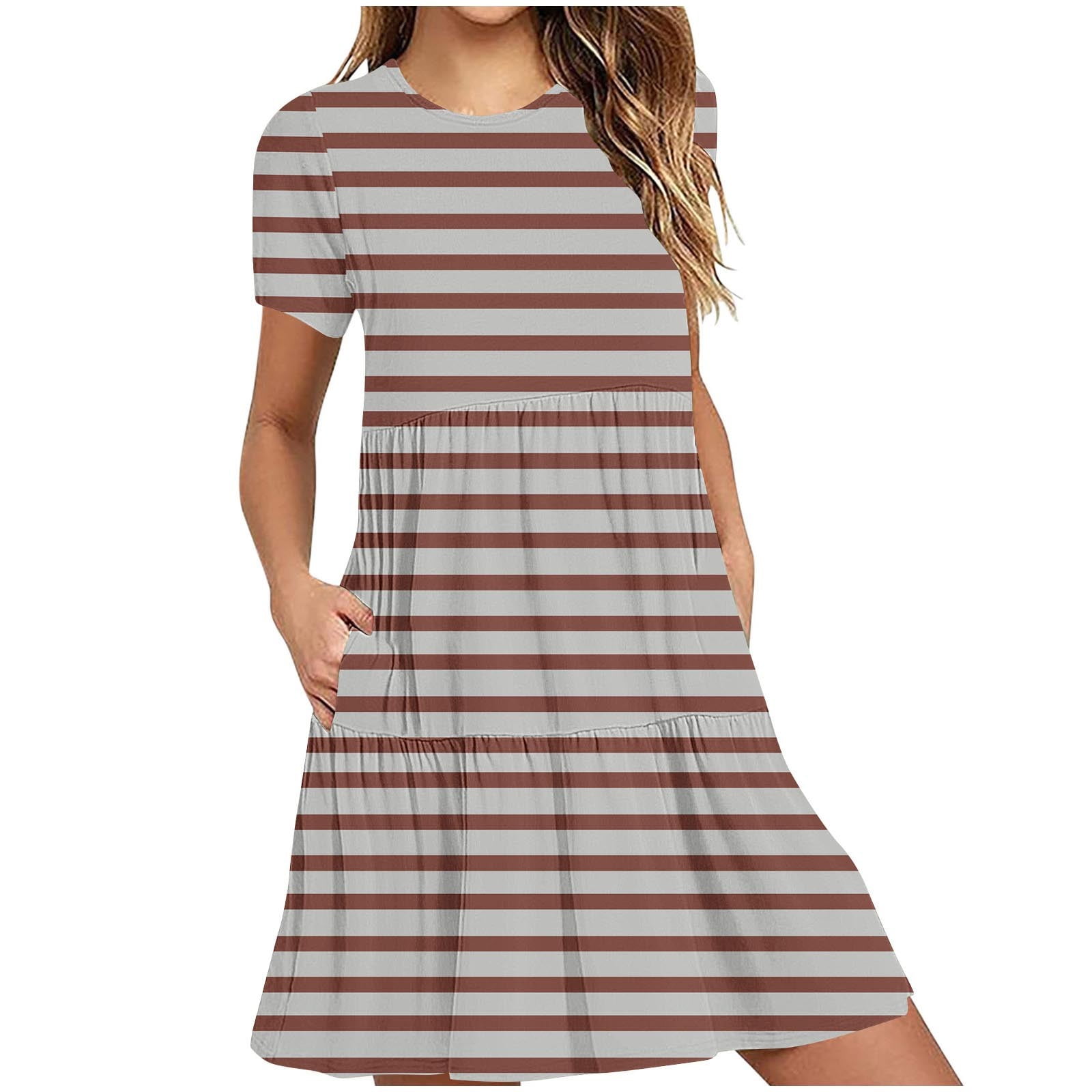 Sundresses for Women 2025 Crew Neck Short Sleeve Sun-Dress A-Line Midi ...