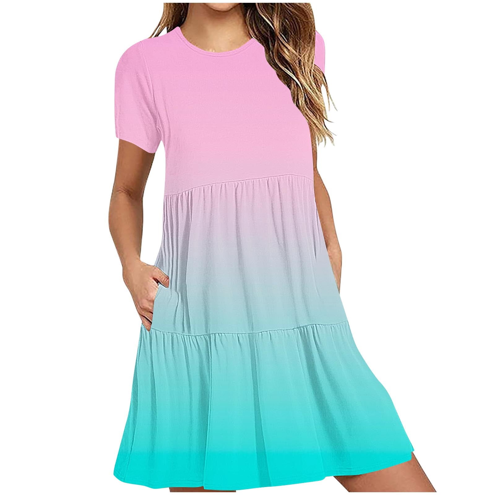 Sundresses for Women 2025 Crew Neck Short Sleeve Sun-Dress A-Line Midi ...