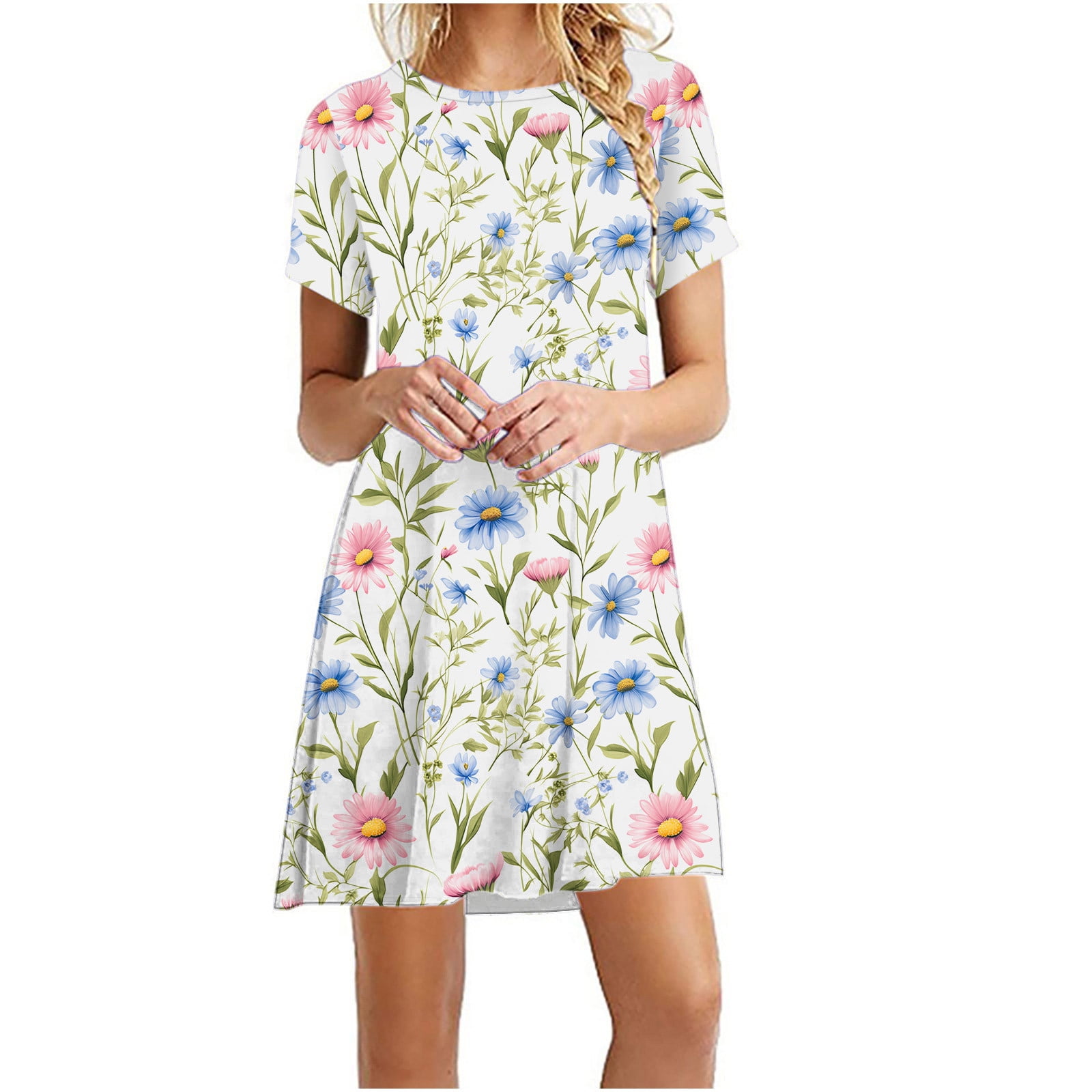 Sundresses for Women 2025 Daisy Floral Printed Dress Round Neck Short ...