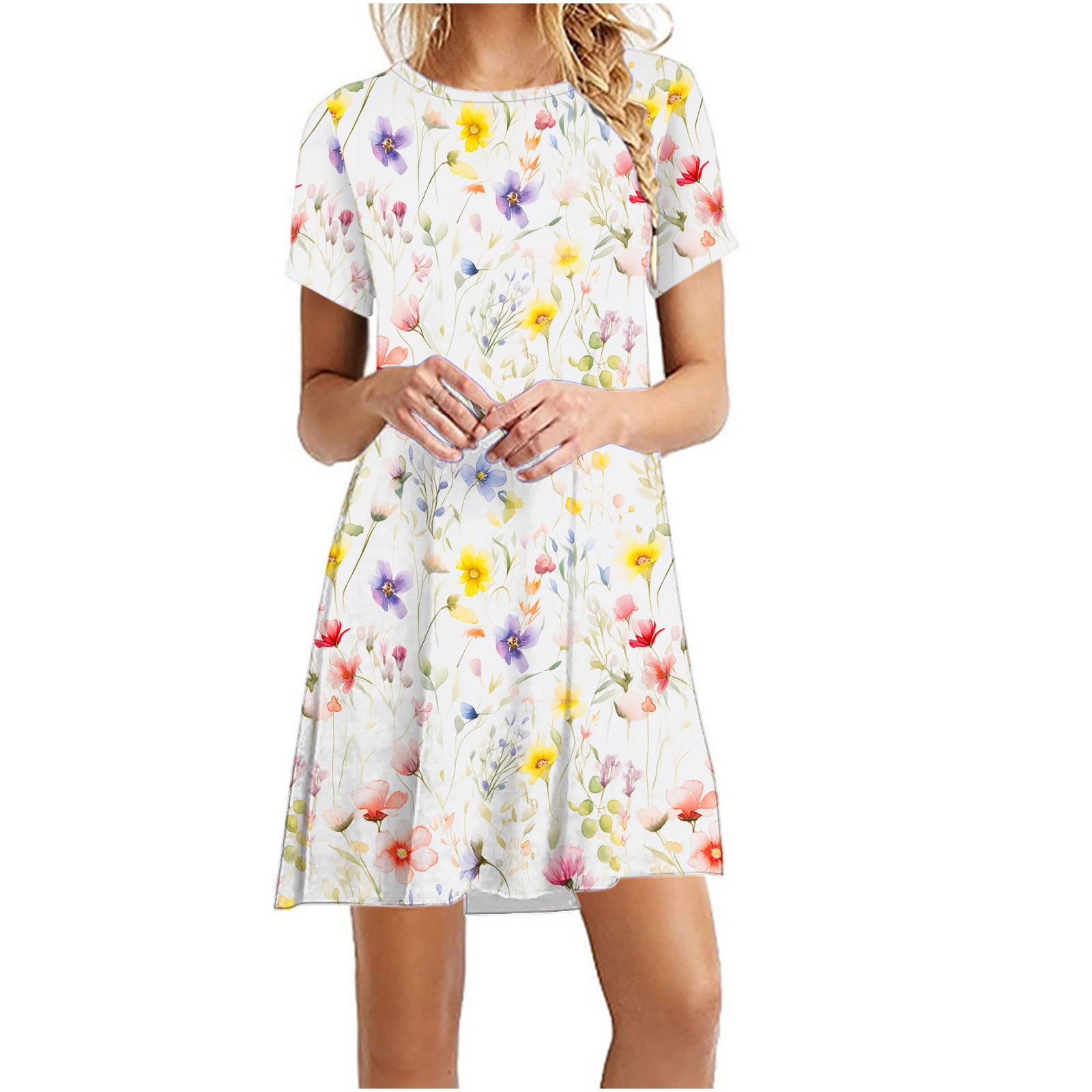 Sundresses for Women 2025 Daisy Floral Printed Dress Round Neck Short ...