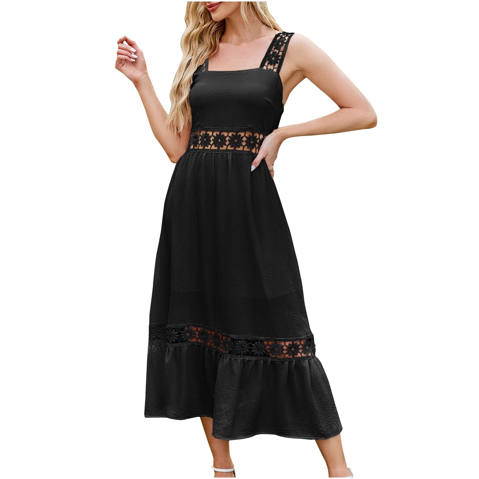 Sundresses for Women 2025 Print Hollow-Out Sun-Dress A-Line Sleeveless ...