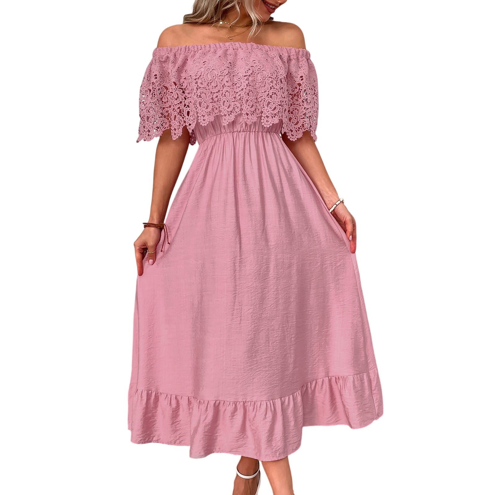 Sundresses For Women 2025, Off Shoulder Short Sleeves Maxi Dress Lace ...