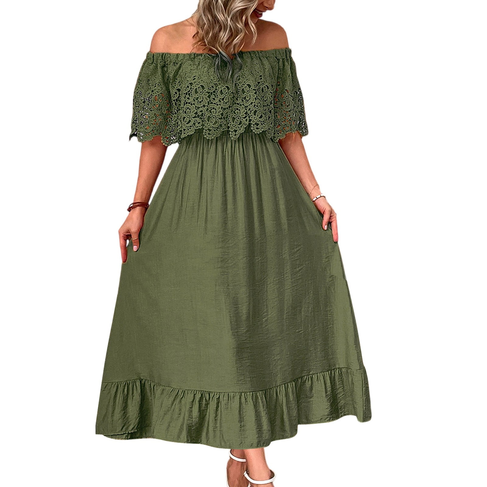Sundresses For Women 2025, Off Shoulder Short Sleeves Maxi Dress Lace ...
