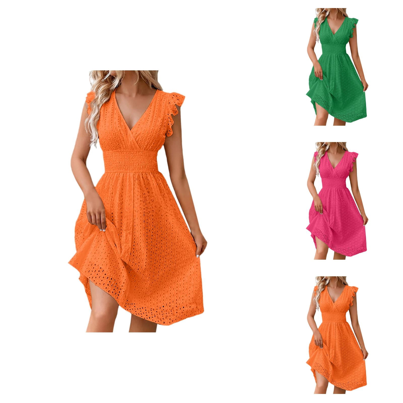 Sundresses for Women 2026 Trendy Ruffle Cap Sleeve Eyelet V Neck ...
