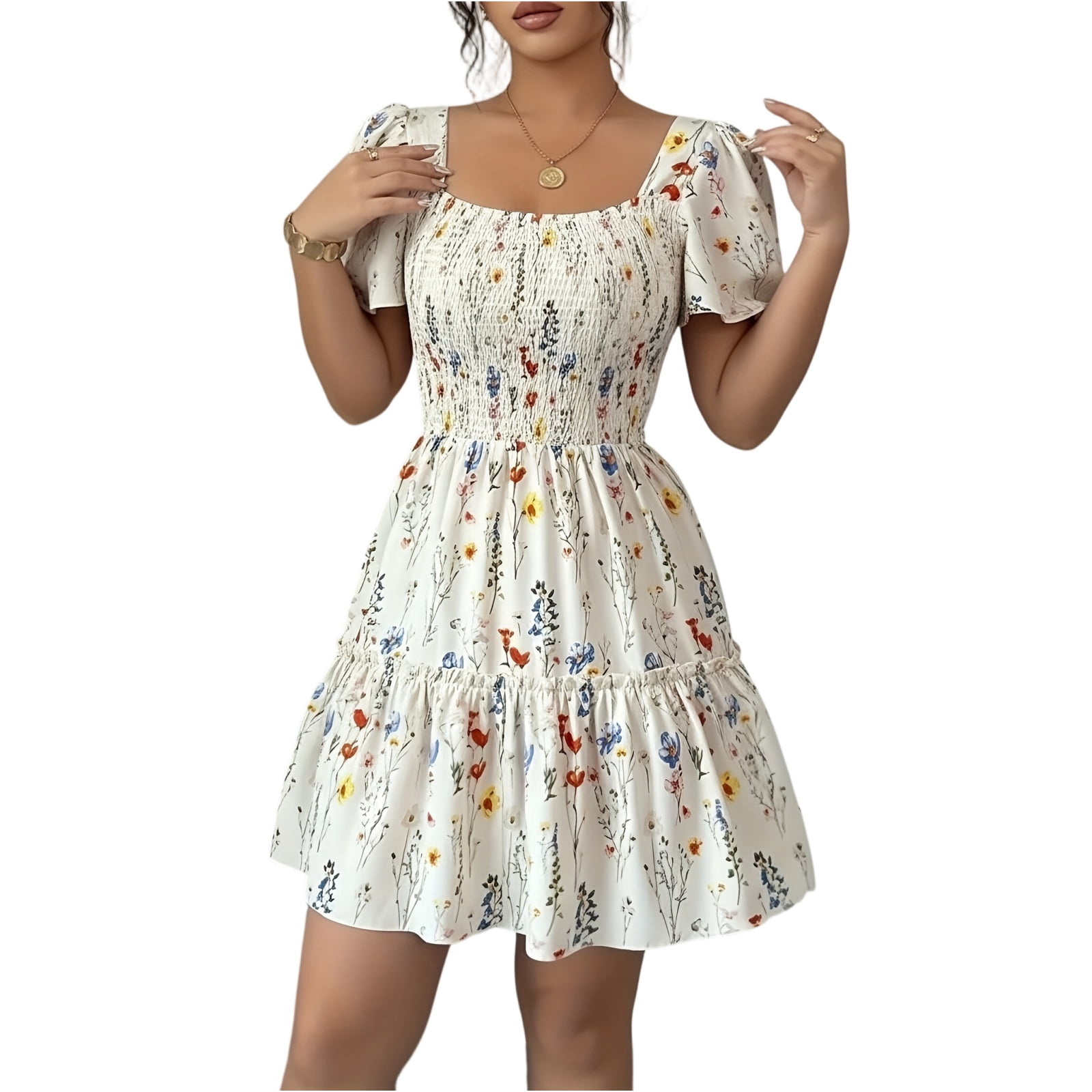 Sundresses for Women, Floral Smocked Tiered Short Dress, Square Neck ...