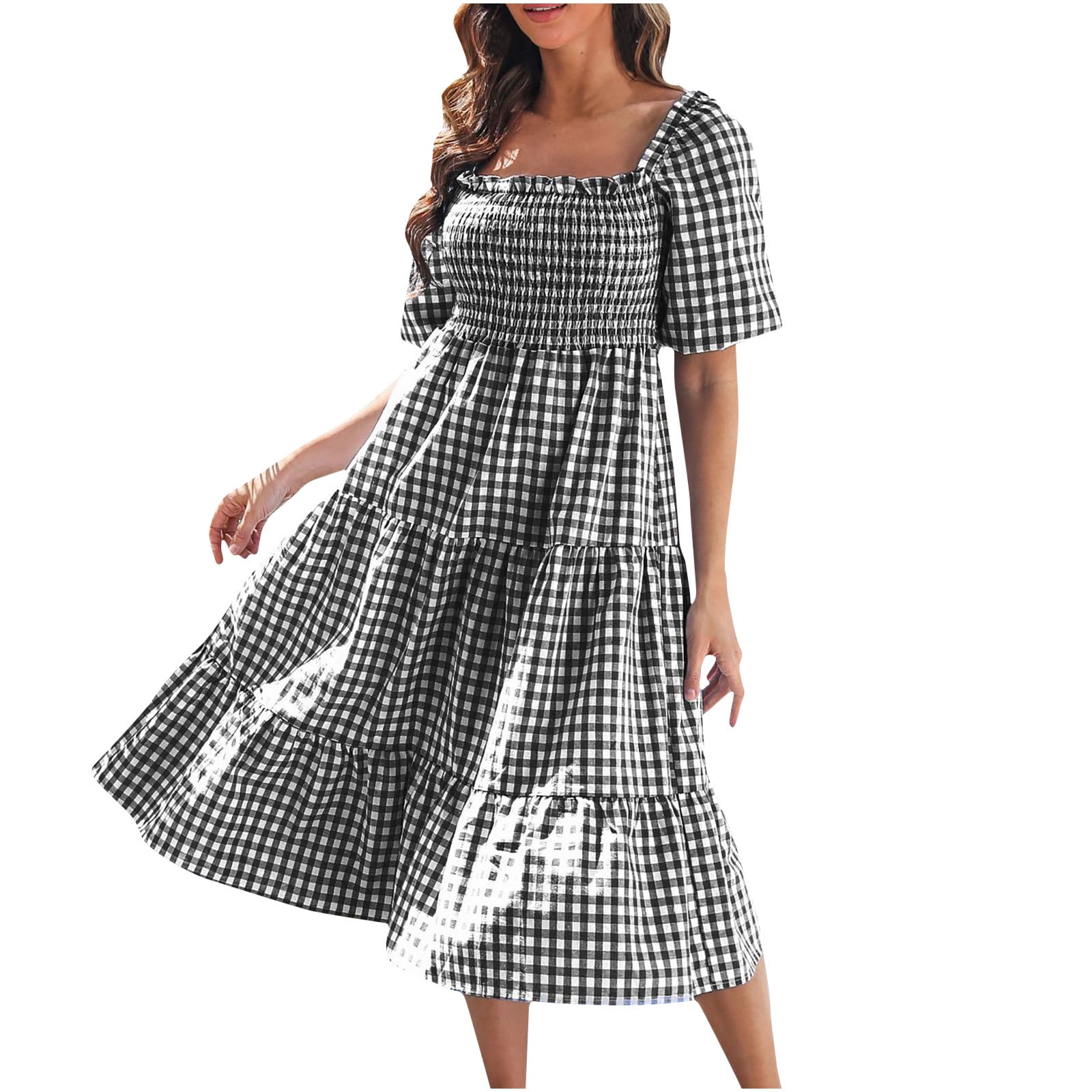 Sundresses for Women Plaid Short Sleeve Ruffle Square Neck Smocked Midi ...