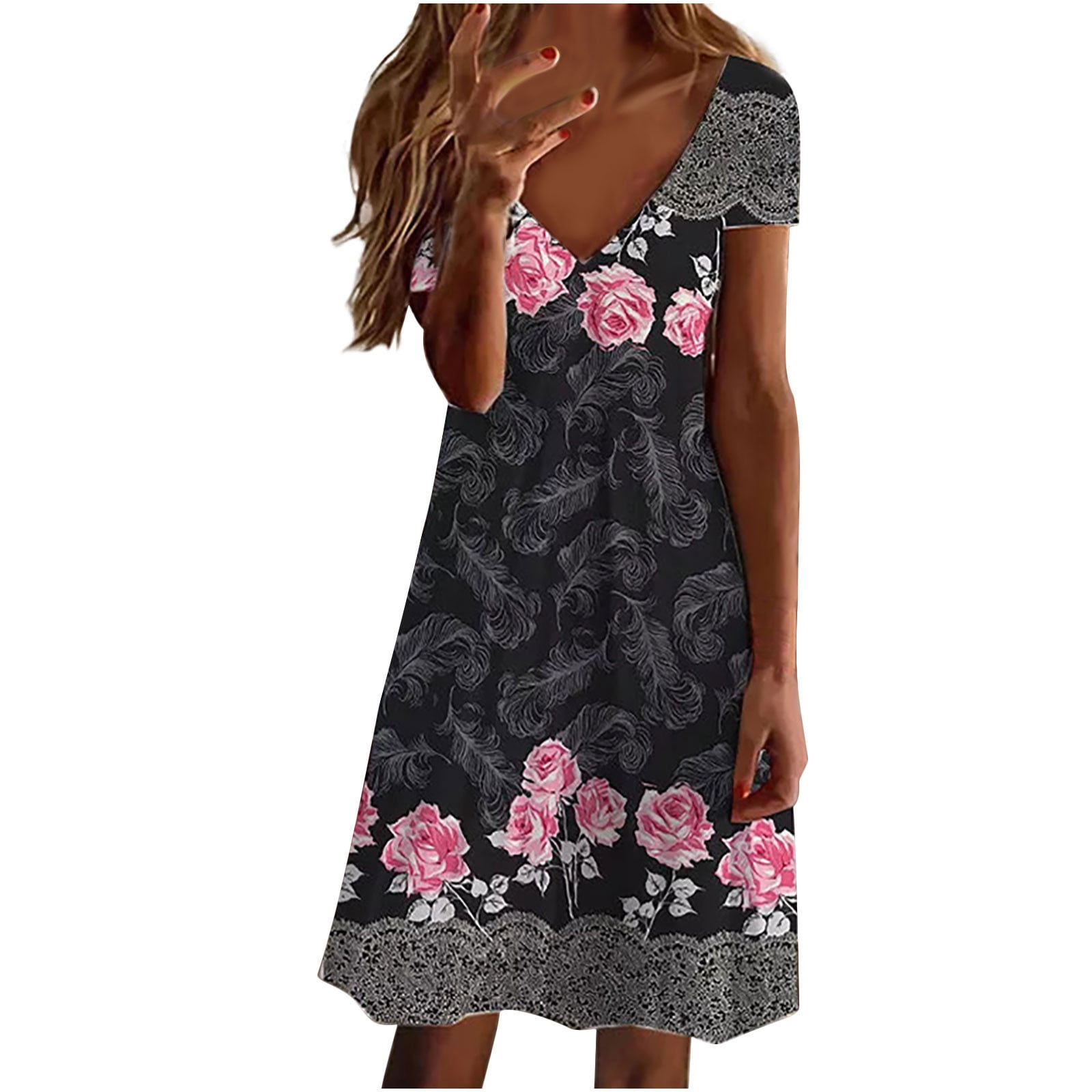 Sundresses for Women Summer Casual Beach Dresses V Neck Short Sleeve T ...