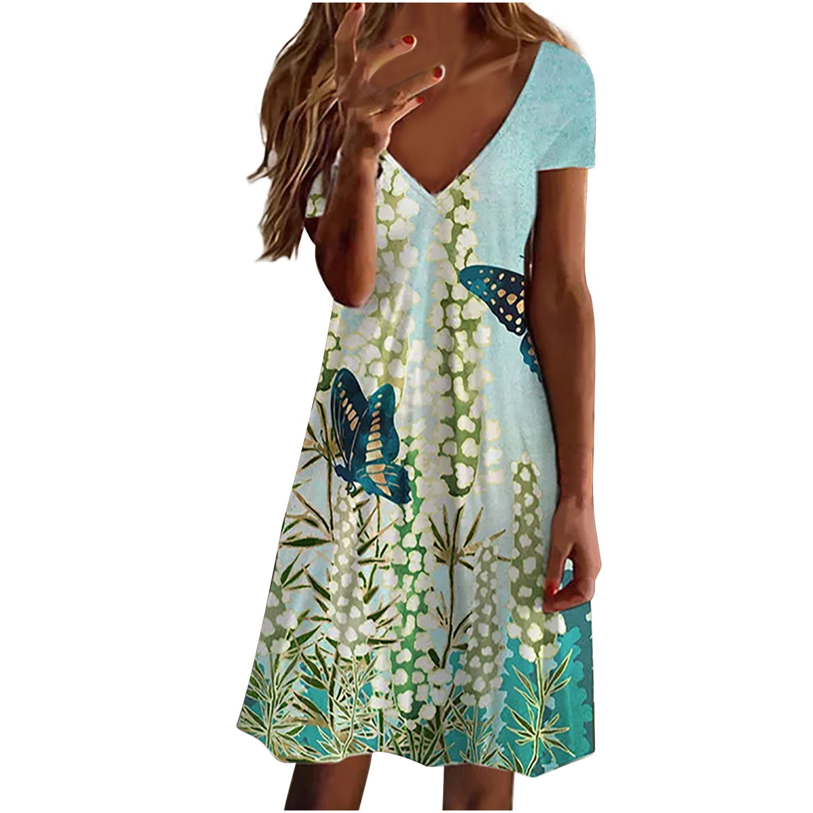 Sundresses for Women Summer Casual Beach Dresses V Neck Short Sleeve T ...