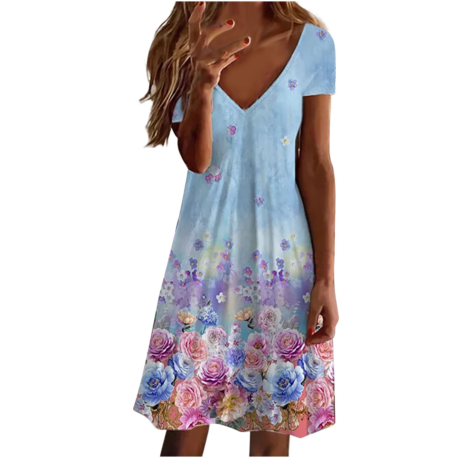 Sundresses for Women Summer Casual Beach Dresses V Neck Short Sleeve T ...