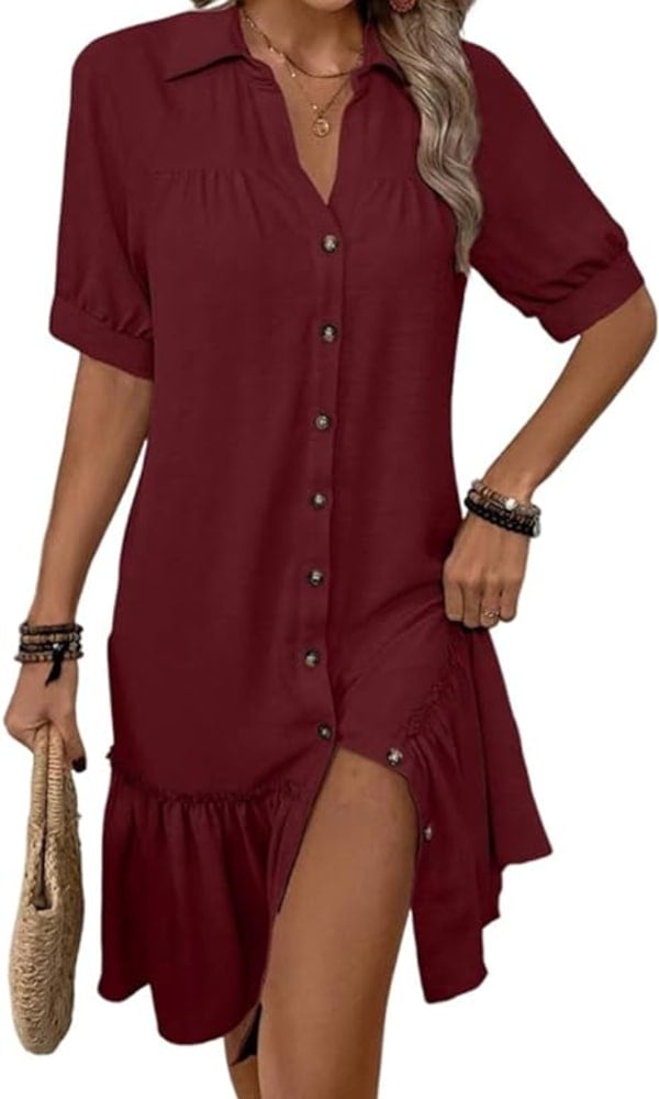 Scacto Summer Shirt Dress Button Down Ruffle Maxi Dresses Short Sleeve ...