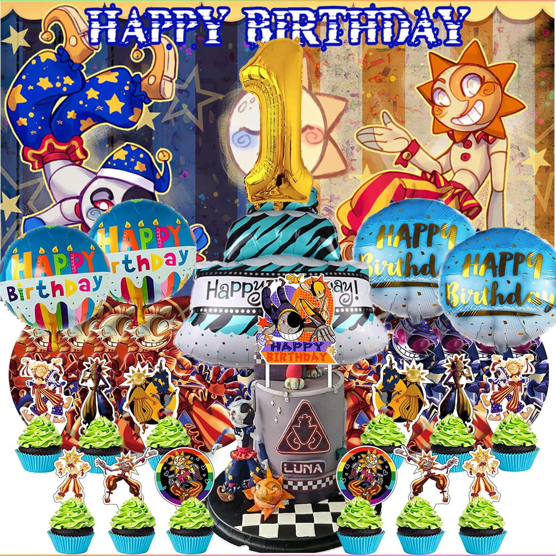 Sundrop and Moondrop Boss Fight 1st Tableware Balloons Cake Toppers Backdrop Banner Supplies ...