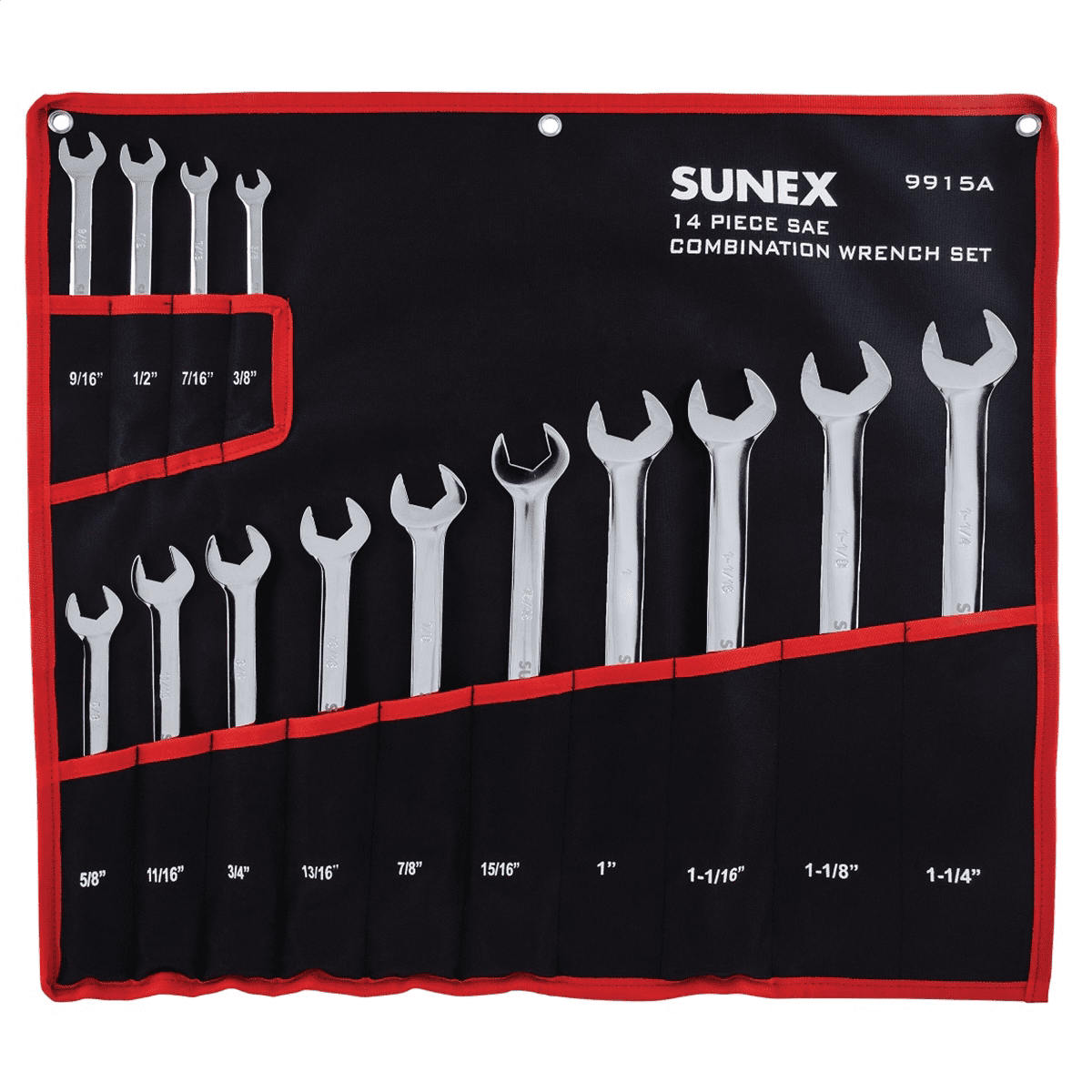 Sunex Tools 14pc SAE Combination Wrench Set, Chrome Vanadium Steel, Anti-Slip V-Groove Design ...