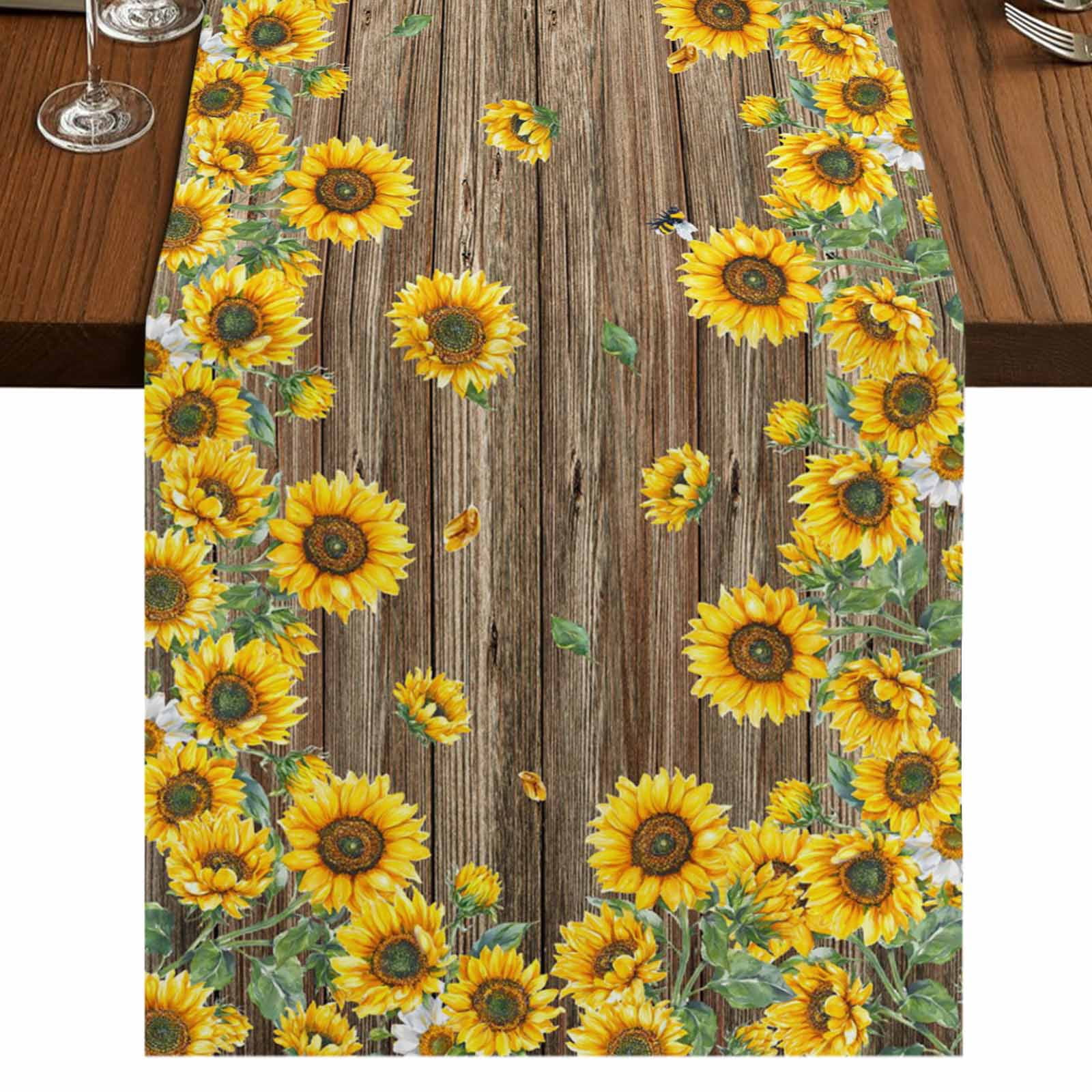 Sunflower 120 Inch Table Runner, Brown Wood Grain Rustic Farmhouse Bee ...