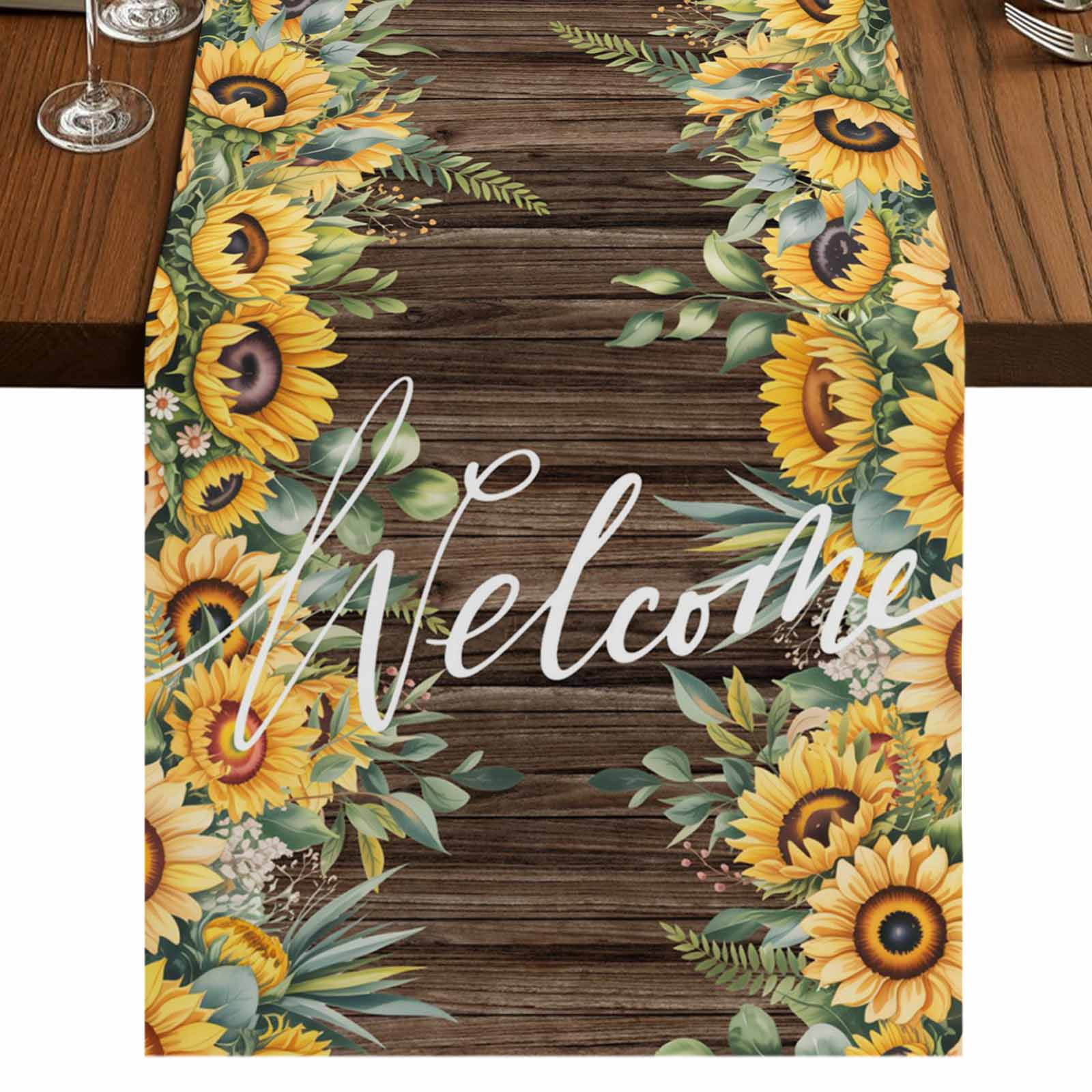 Sunflower 120 Inch Table Runner, Yellow Summer Botanical Wooden ...