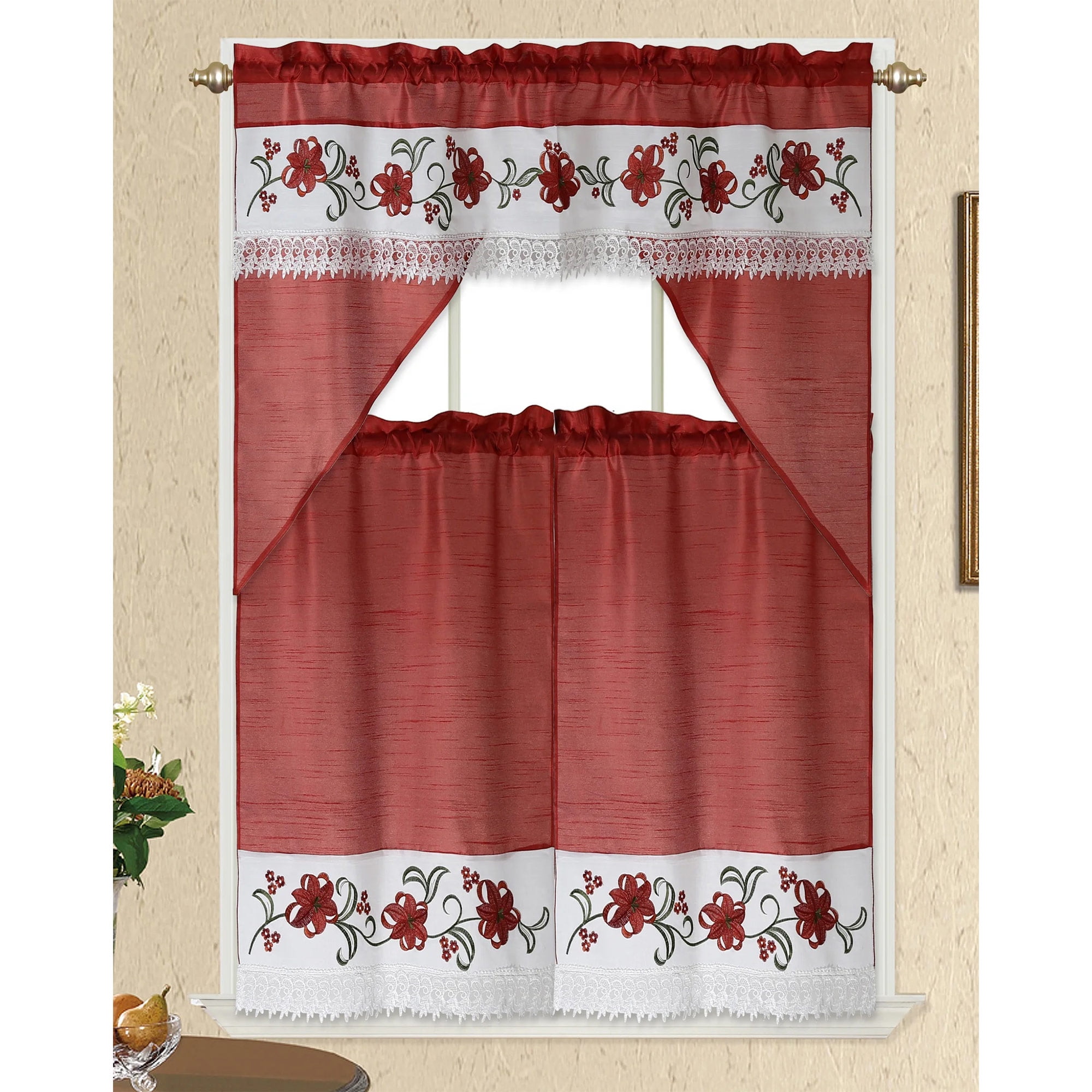 Sunflower 3 Piece Embroidered Kitchen Curtain Set, Coral, Swag 58x36 ...