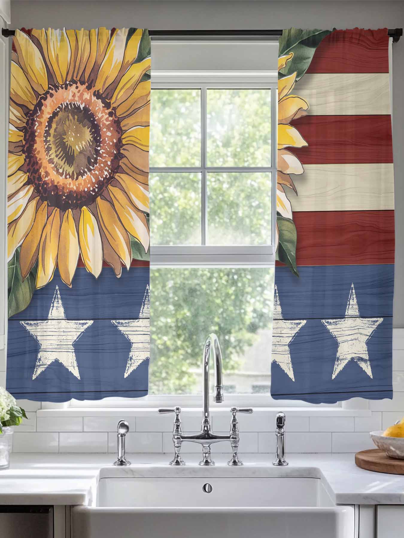 Sunflower America Flag Sheer Curtains for Living Room Bedroom Farmhouse ...