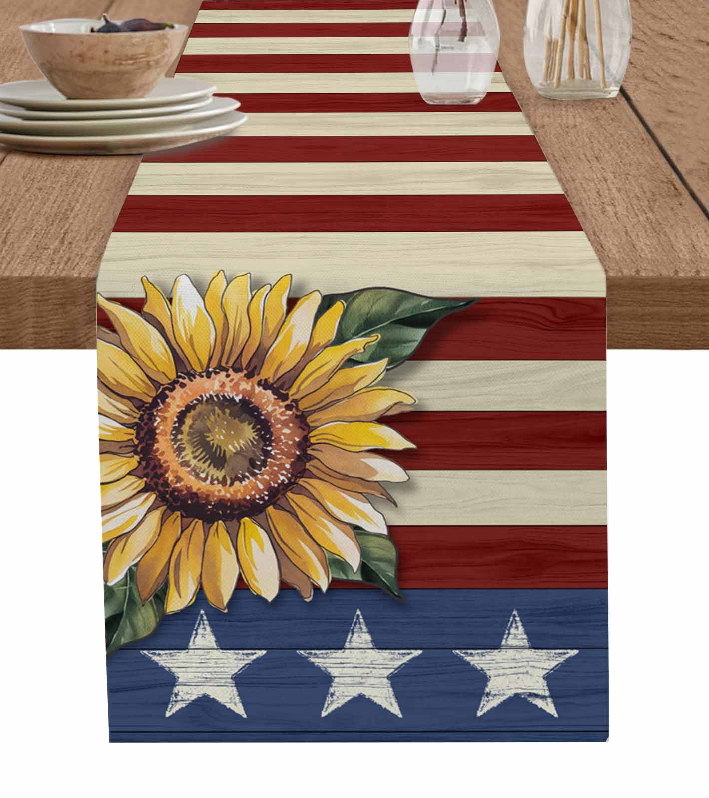 Sunflower America Flag Table Runner 72 Inches, Farmhouse Retro US Flag ...