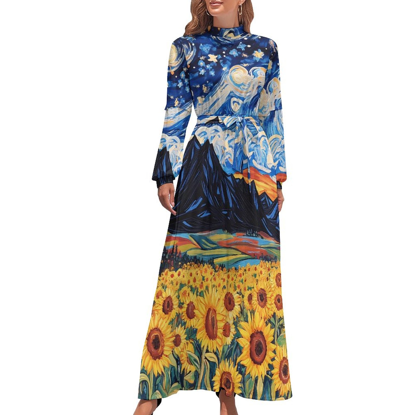 Sunflower And Starry Women's Fall Maxi Dress Long Sleeve Turtleneck ...