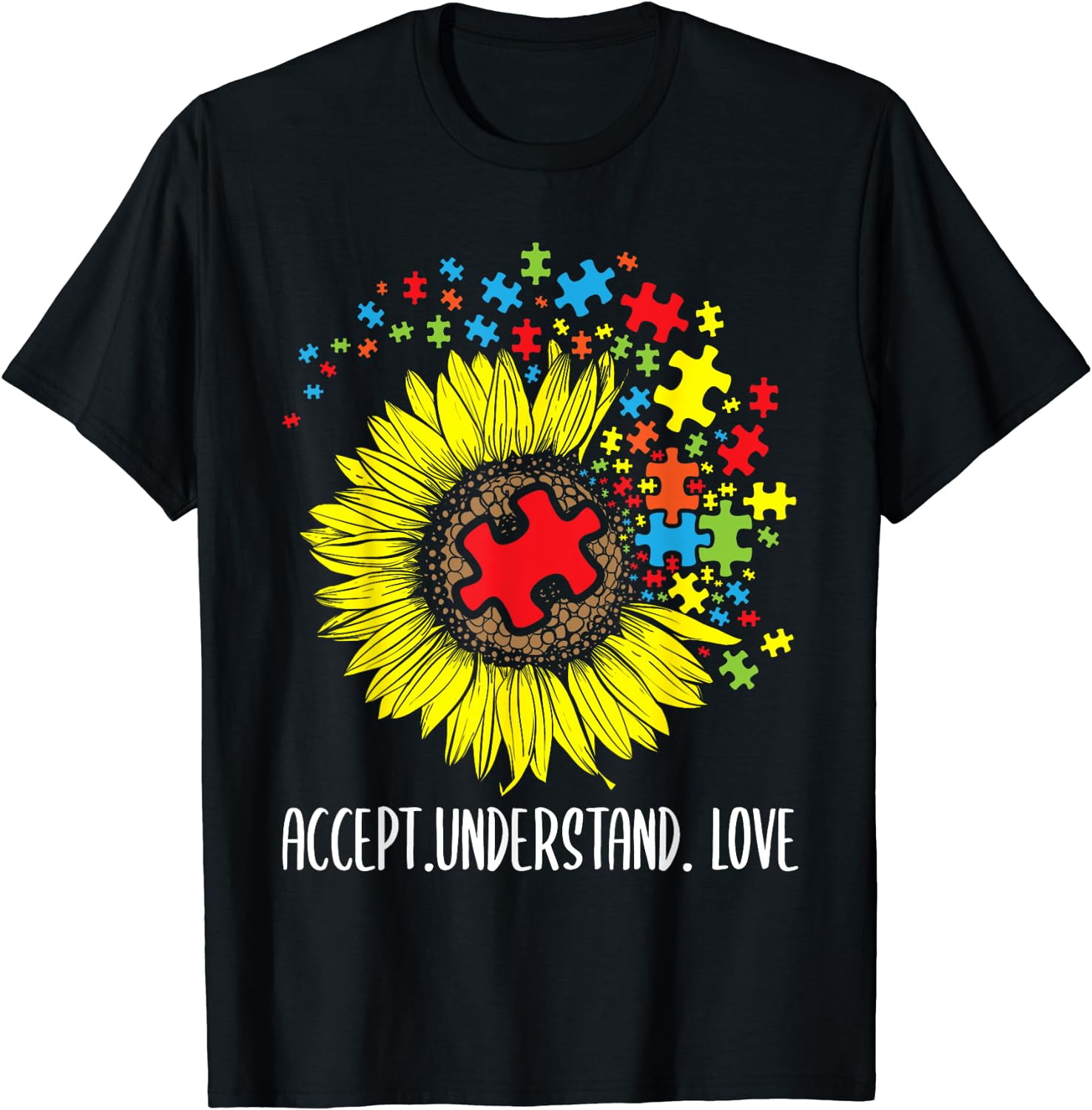 Sunflower - Autistic Puzzle Pieces Autism Awareness Kindness T-Shirt ...