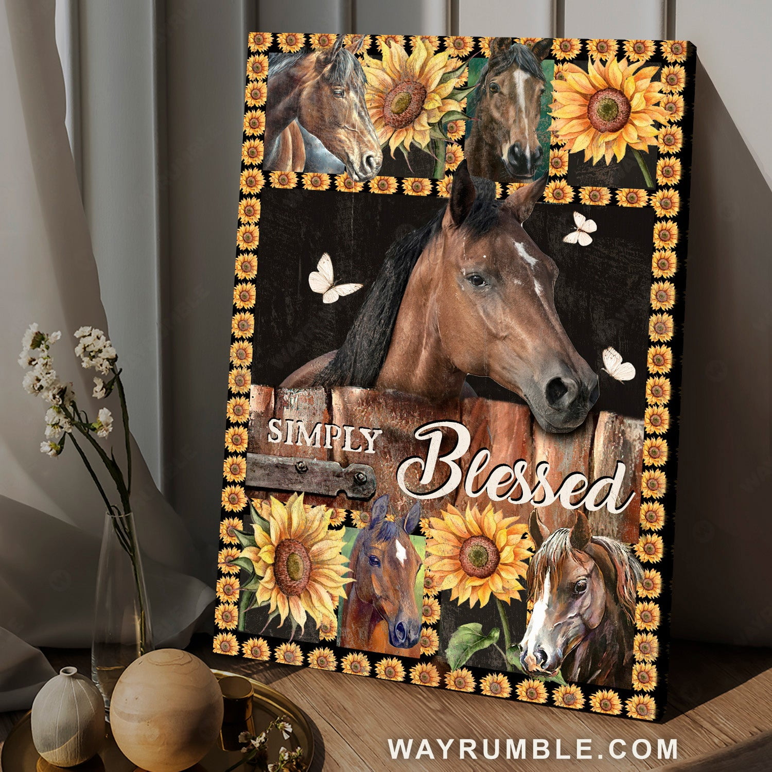 Sunflower Background, Brown Horse, Butterfly, Simply Blessed - Jesus ...