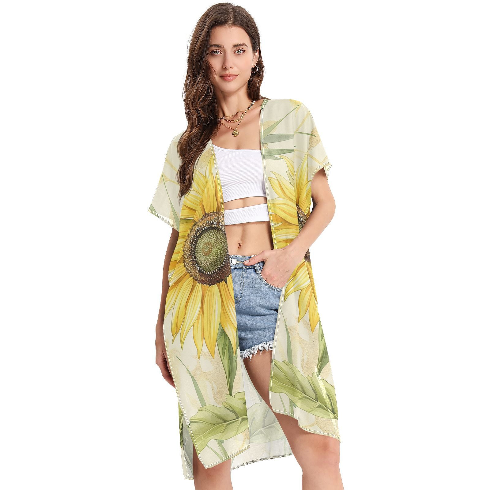 Sunflower Bamboo Women Swimsuit Cover up V Neck Beach Dress Short ...