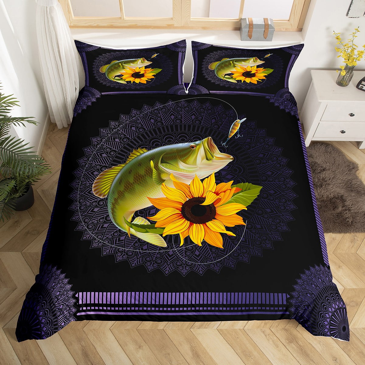Sunflower Bass Fish Bedding Set Queen Size Bohemian Mandala Floral ...