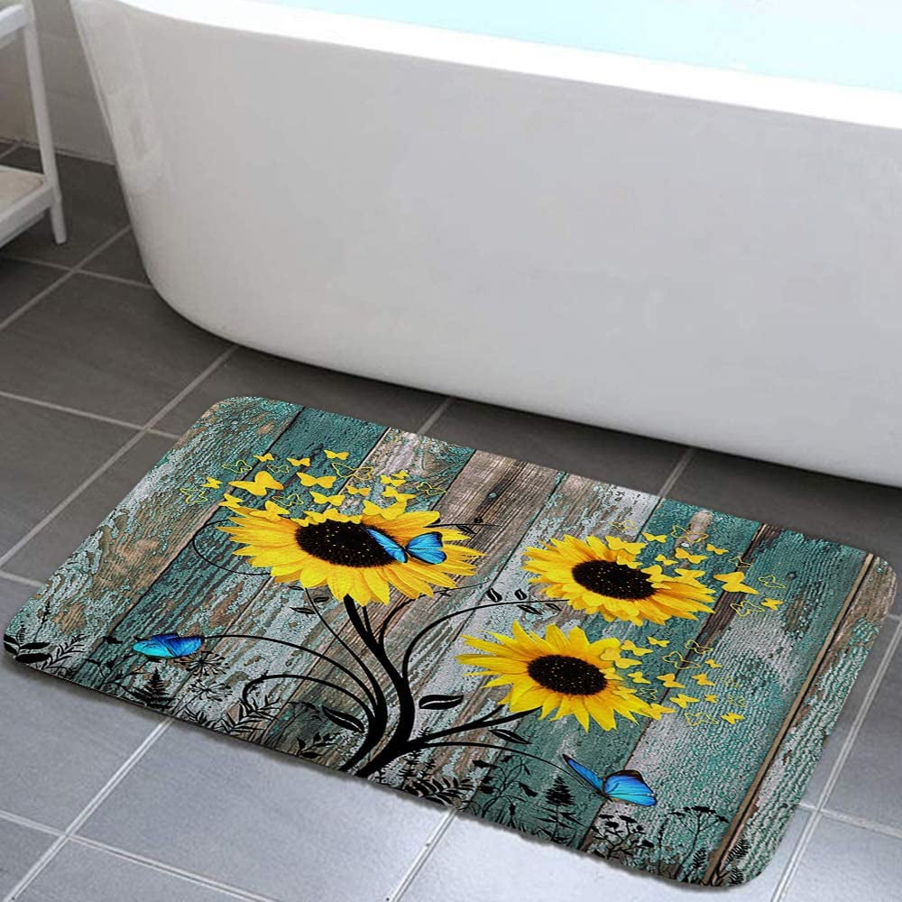 Sunflower Bath Rug, Teal Blue Butterfly on Vintage Rustic Plants ...