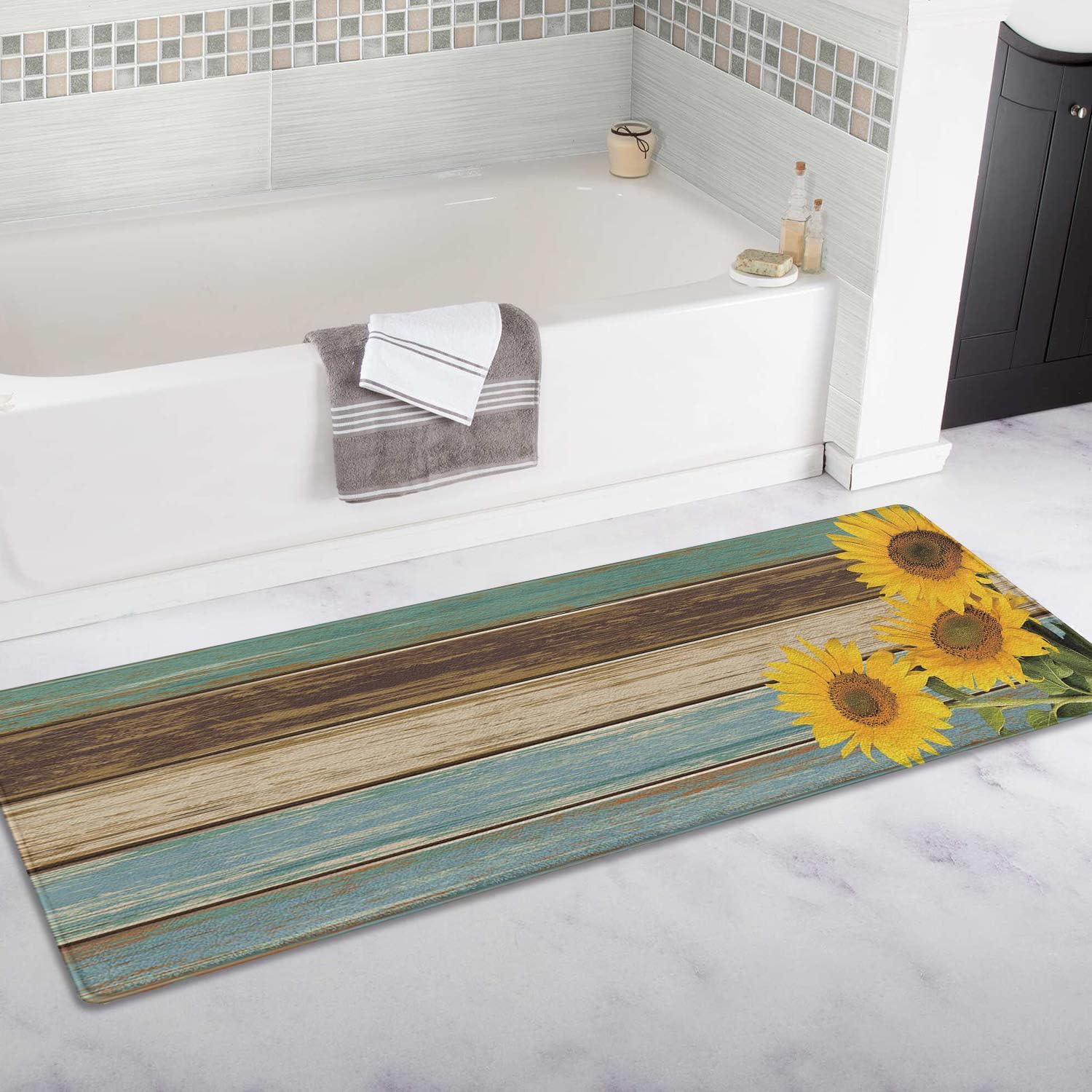 Sunflower Bathroom Rugs Teal Bath Mat Wood Grain Non-Slip Water ...
