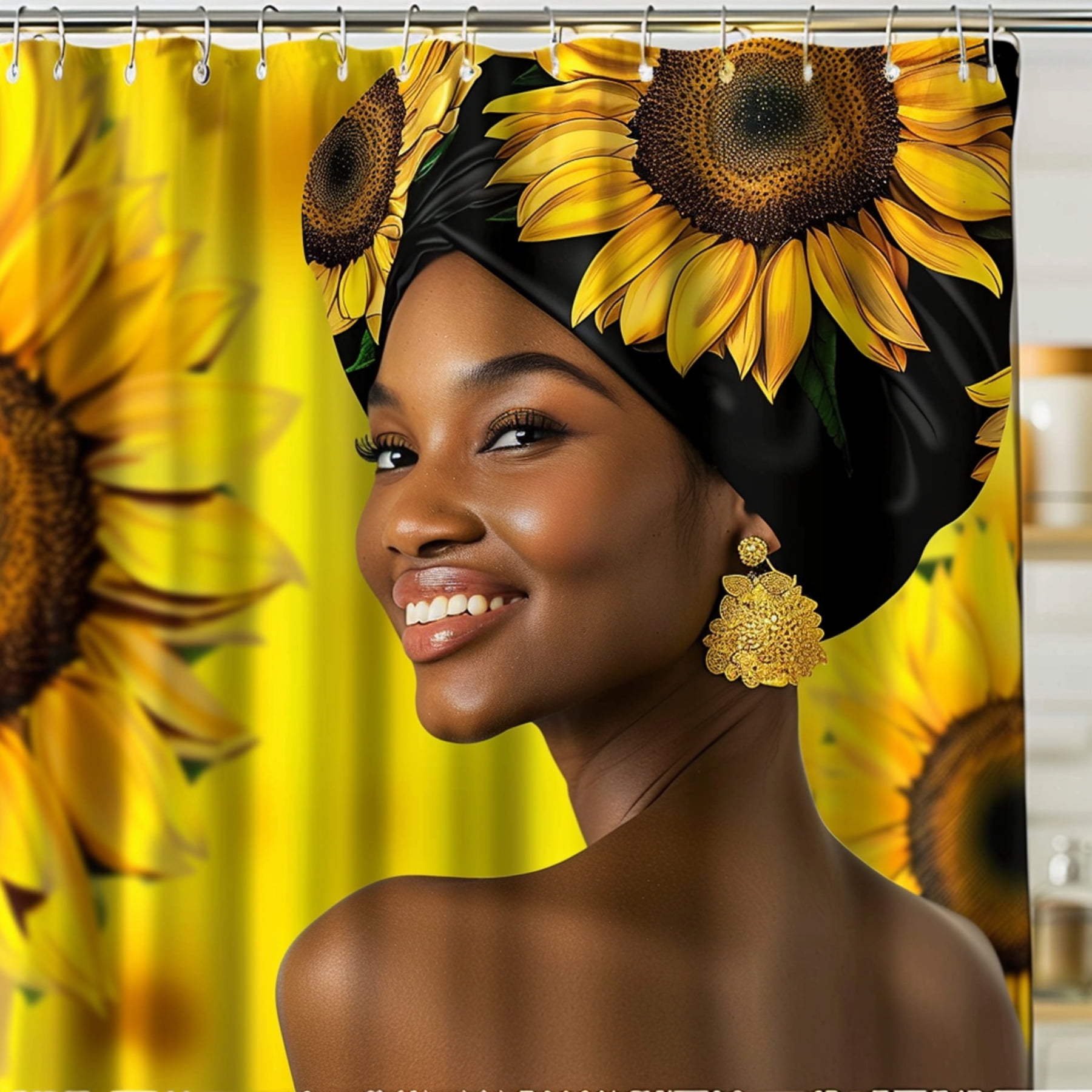Sunflower Beauty African American Woman Shower Curtain Yellow Black