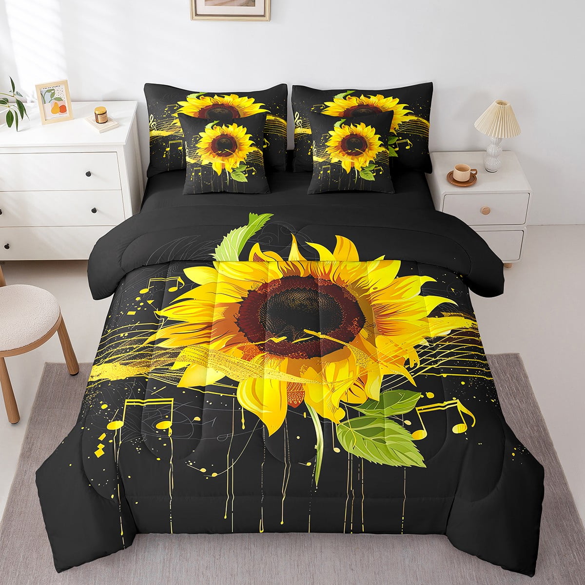 Sunflower Bed in a Bag Queen Comforter Set 7 Piece,Yellow Flower Floral ...