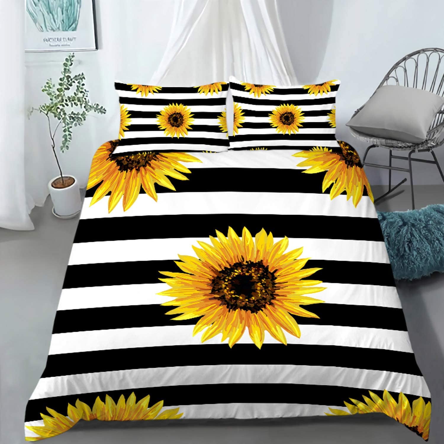 Sunflower Bedding Set, Black and White Striped Flower Duvet Cover Set ...