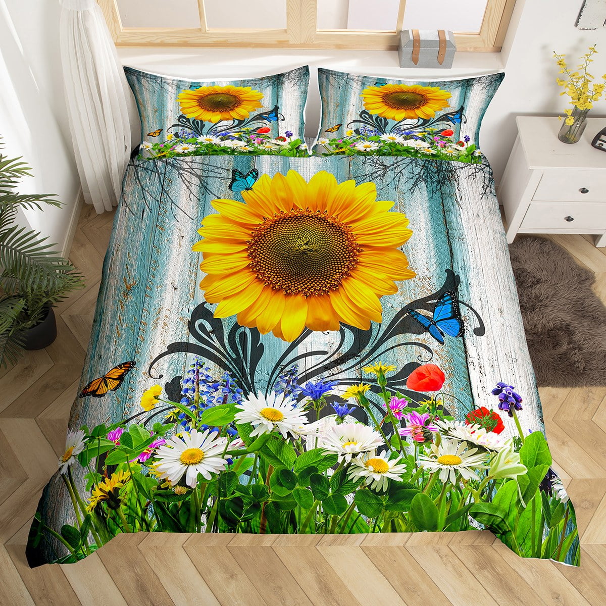Sunflower Bedding Set Daisy Floral Duvet Cover Twin,Butterfly Comforter ...